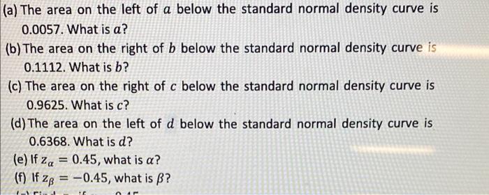 Solved (a) The area on the left of a below the standard | Chegg.com