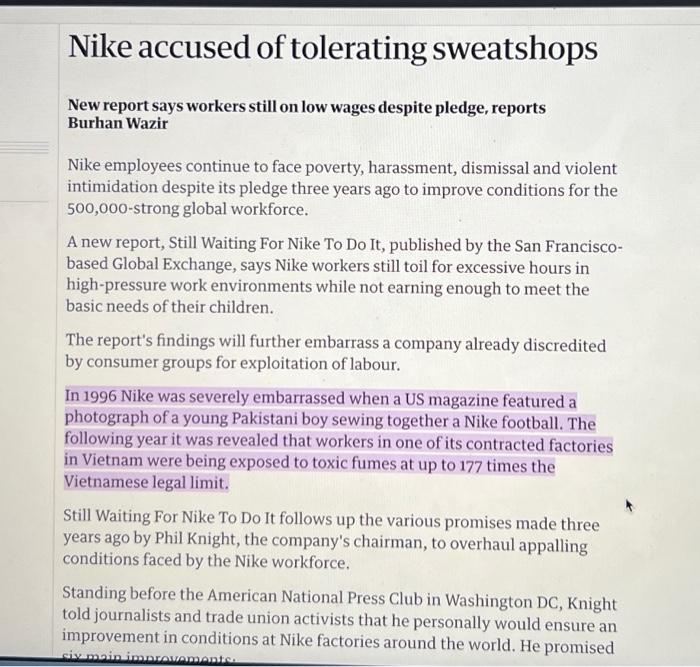 Solved Nike accused of tolerating sweatshops New report says | Chegg.com