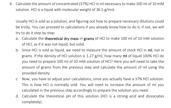 Solved 4. Calculate the amount of concentrated (37%) HCl in | Chegg.com