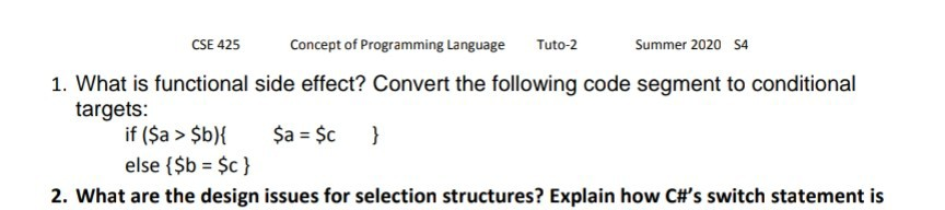 Solved CSE 425 Concept of Programming Language Tuto-2 Summer | Chegg.com