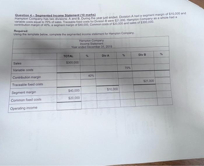Solved Question 4 - Segmented Income Statement (10 marks) | Chegg.com
