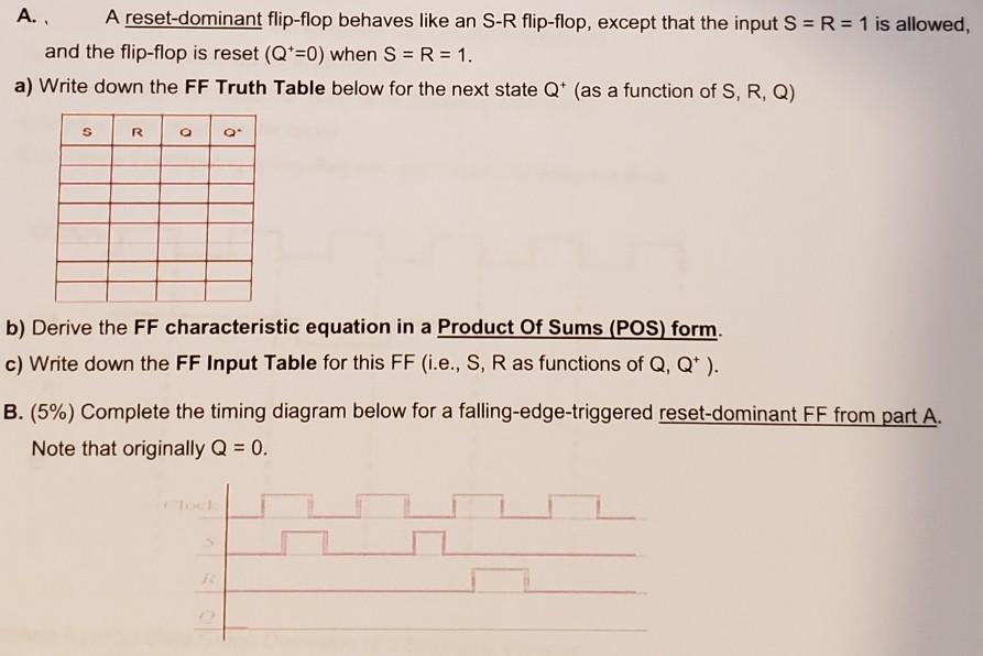 Solved A. A reset-dominant flip-flop behaves like an S-R | Chegg.com
