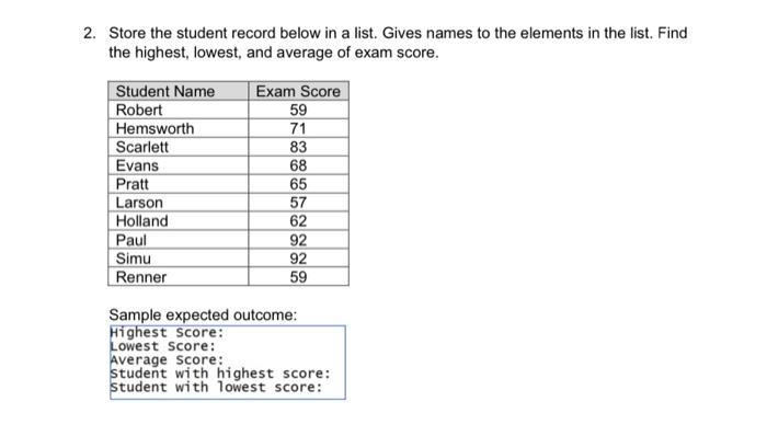 Solved Store the student record below in a list. Gives names | Chegg.com