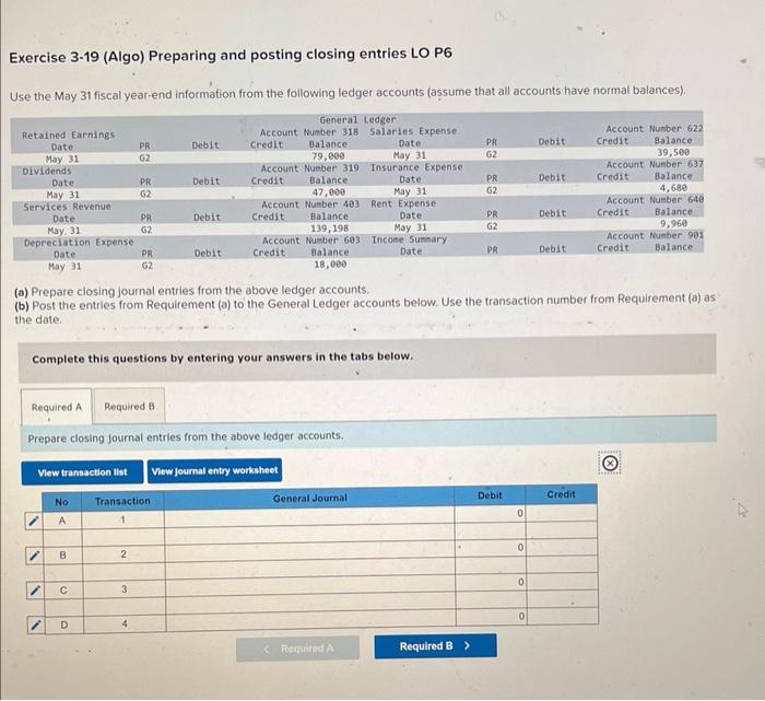 Solved Exercise 3-19 (Algo) Preparing and posting closing | Chegg.com