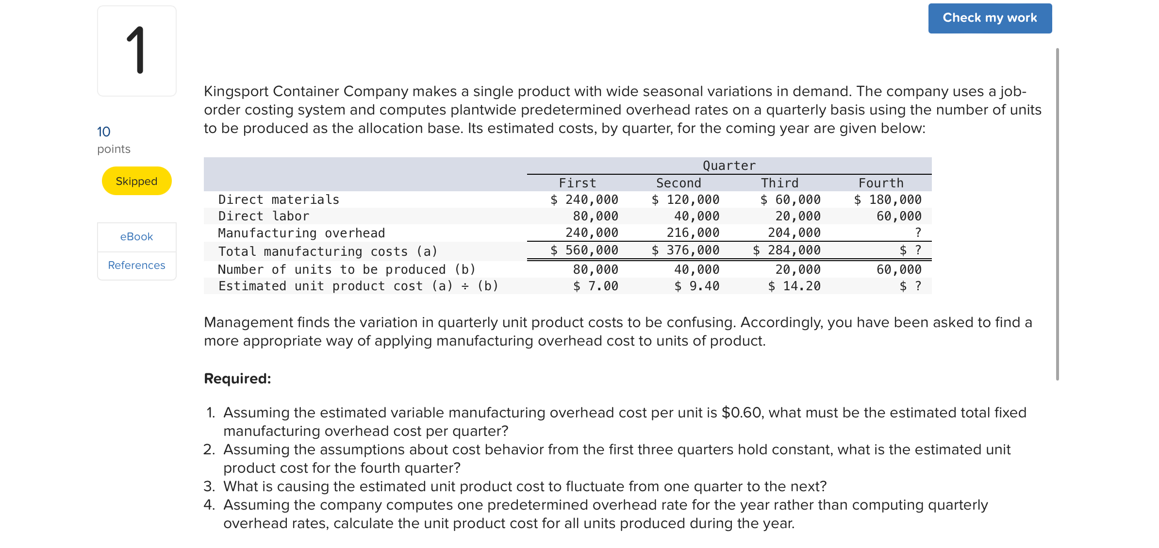 Solved Required:1. ﻿Assuming the estimated variable | Chegg.com