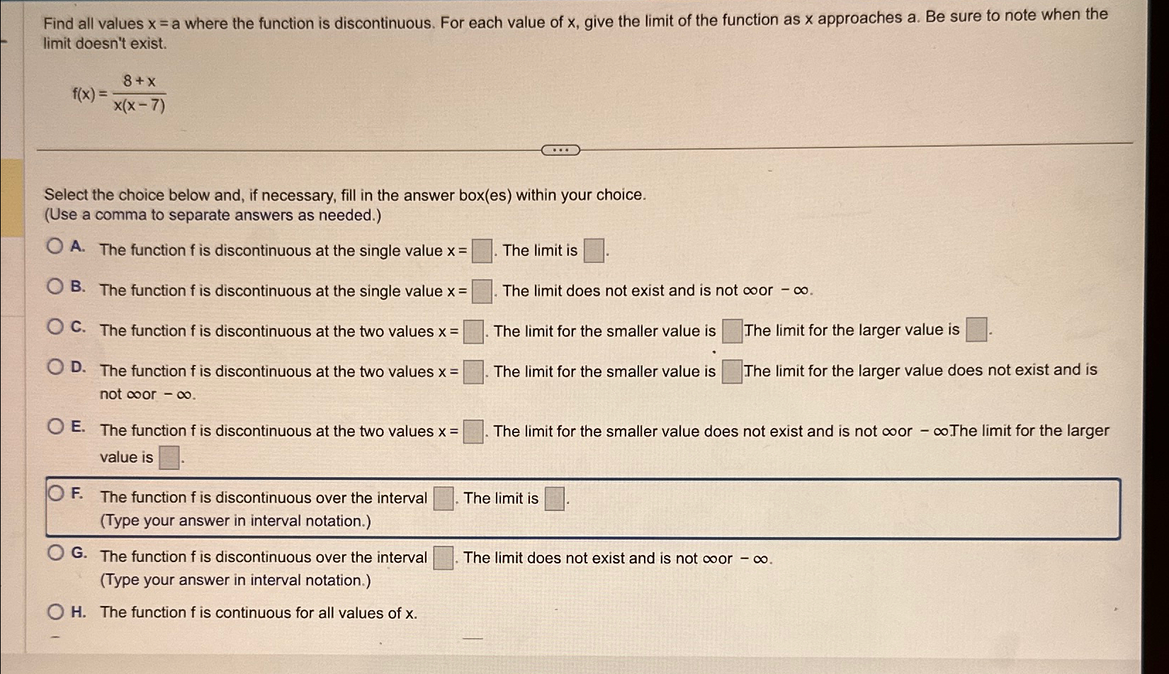 Solved Find all values x=a where the function is | Chegg.com