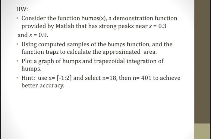 Solved HW: . Consider the function humps(x), a demonstration | Chegg.com