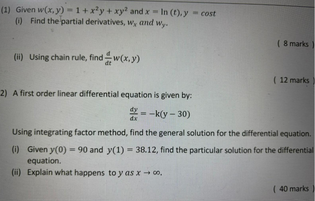 Solved (1) ﻿Given w(x,y)=1+x2y+xy2 ﻿and x=ln(t),y= ﻿cost(i) | Chegg.com