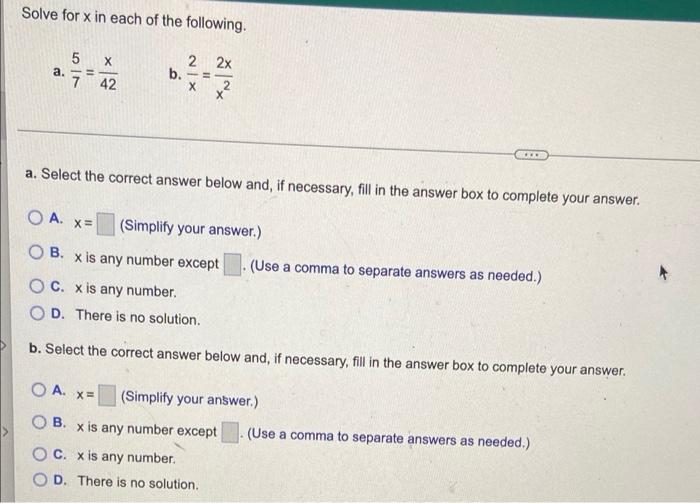 Solved Solve for x in each of the following. 2 2x b.-=- X 2 | Chegg.com Solved Solve for x in each of the following. 2 2x b.-=- X 2 | Chegg.com