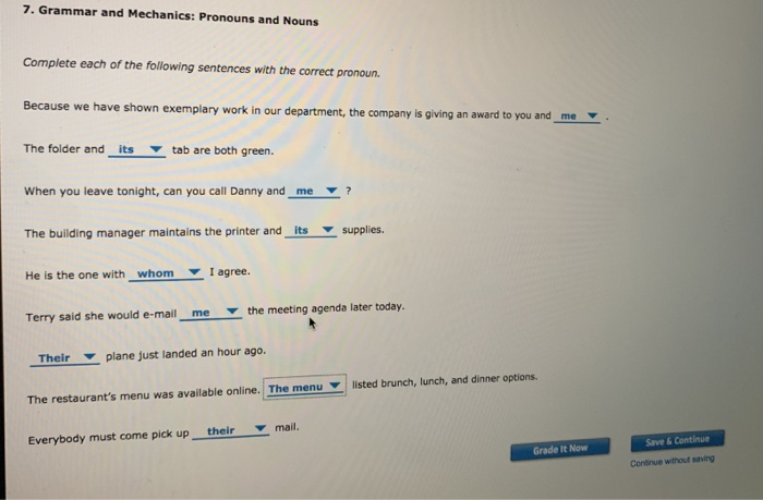 7. Grammar and Mechanics: Pronouns and Nouns Complete | Chegg.com