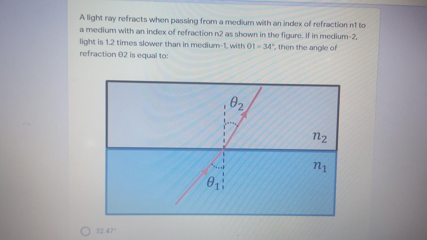 Solved A light ray refracts when passing from a medium with | Chegg.com