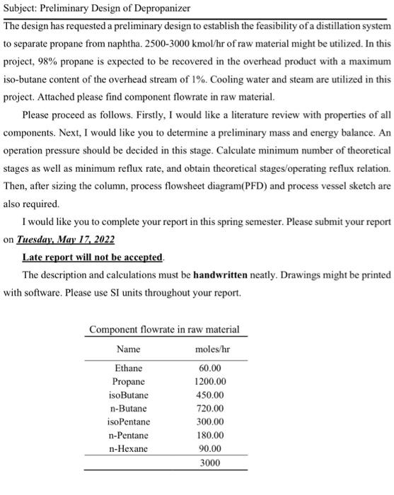 Subject: Preliminary Design of Depropanizer The | Chegg.com