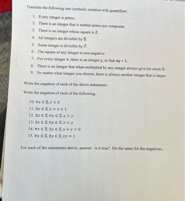 Solved Translate the following into symbolic notation with | Chegg.com