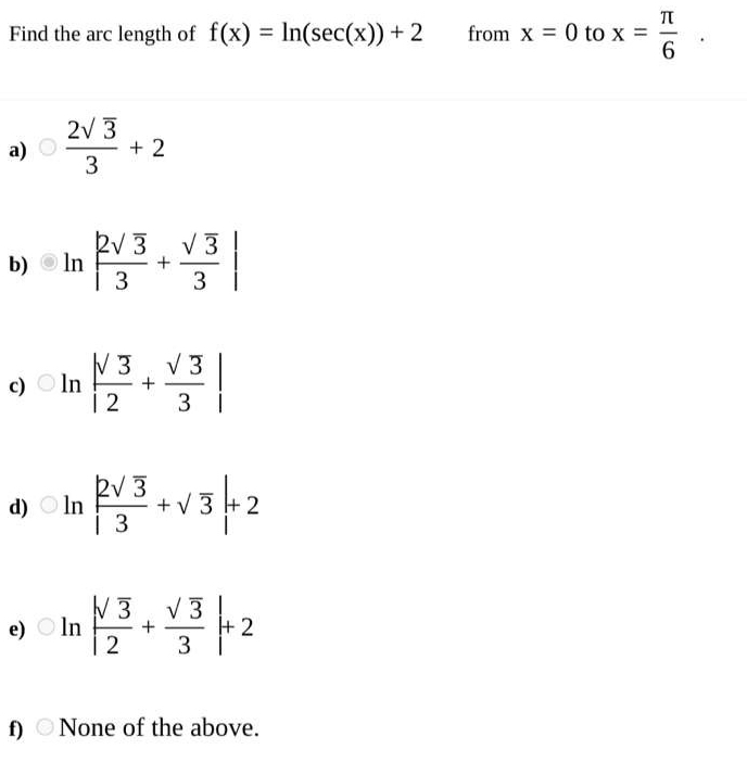 Solved Find the arc length of f(x)=ln(sec(x))+2, ﻿from x=0 | Chegg.com