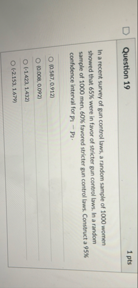 Solved Question 191 ﻿ptsIn a recent survey of gun control | Chegg.com