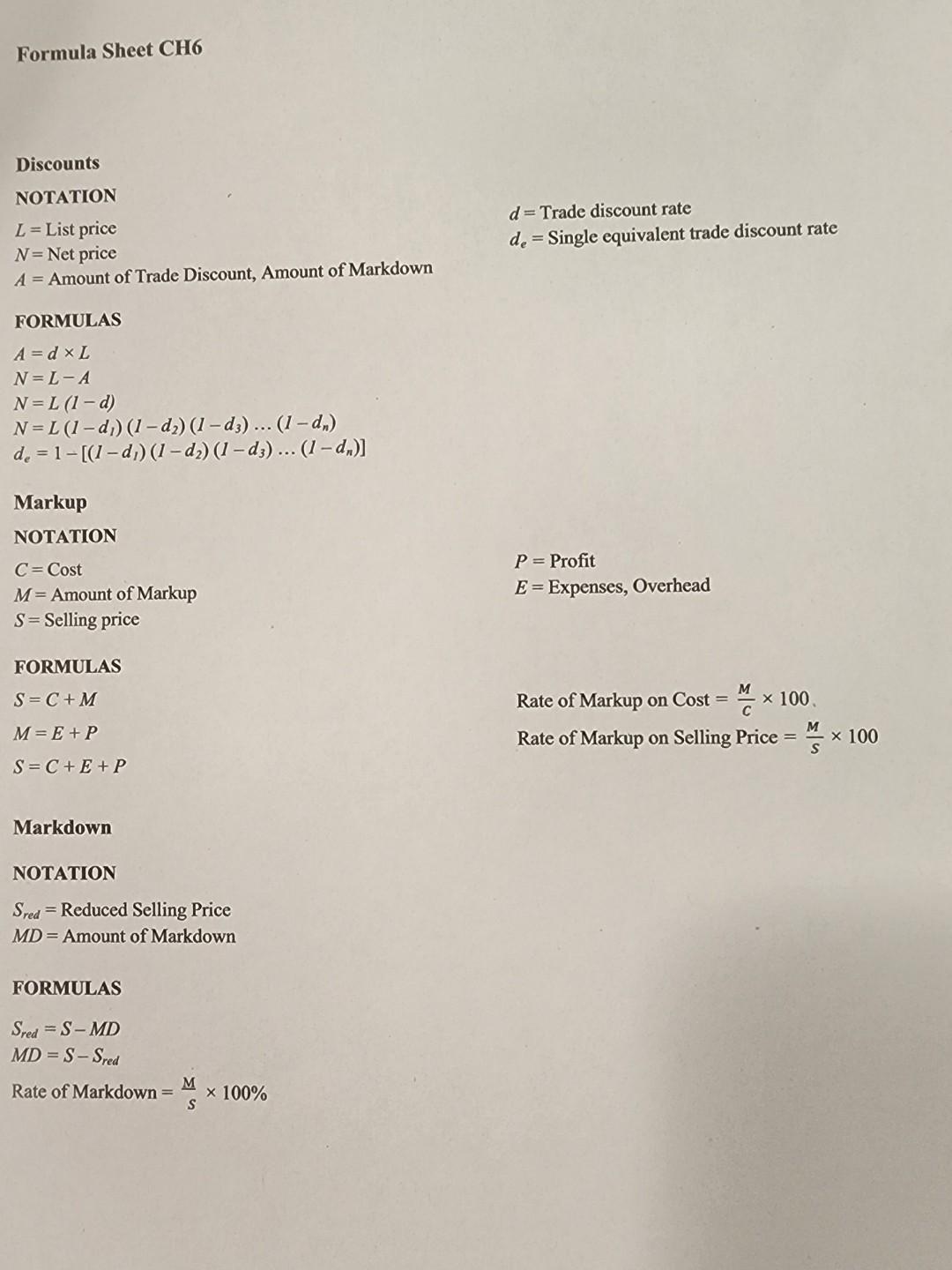 Solved \r\nFormula Sheet CH6 Discounts NOTATION \\( L= \\) | Chegg.com