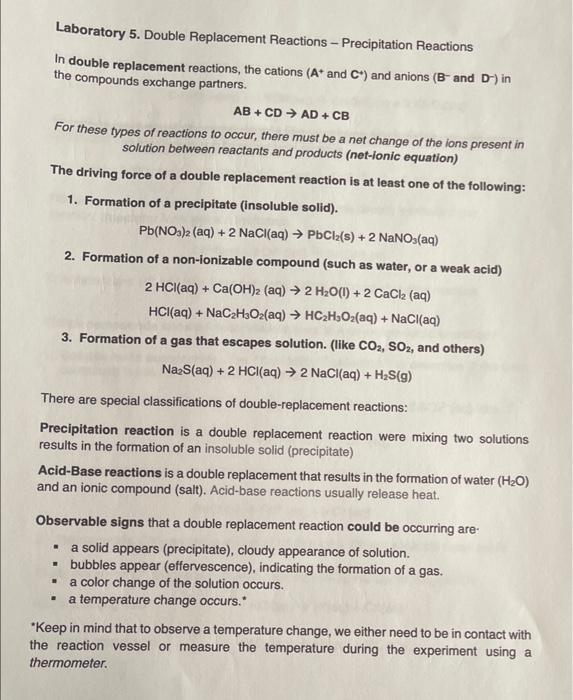 Solved Laboratory 5. Double Replacement Reactions - | Chegg.com