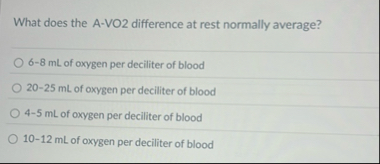 Solved What does the A-VO2 ﻿difference at rest normally | Chegg.com