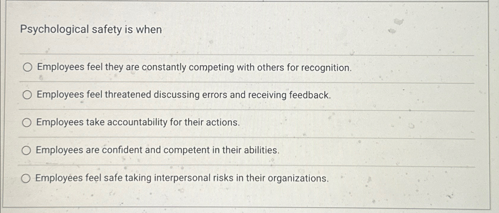 Solved Psychological safety is whenEmployees feel they are | Chegg.com