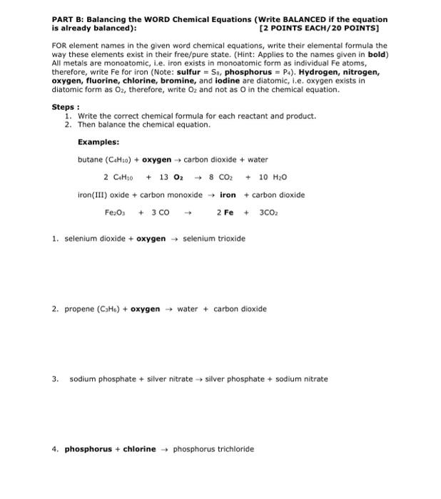 Solved PART B: Balancing the WORD Chemical Equations (Write | Chegg.com Solved PART B: Balancing the WORD Chemical Equations (Write | Chegg.com