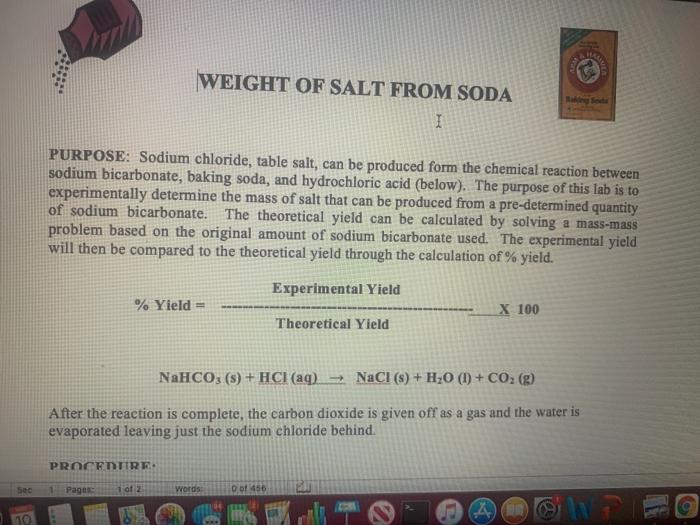 Solved WEIGHT OF SALT FROM SODA I PURPOSE: Sodium chloride, | Chegg.com