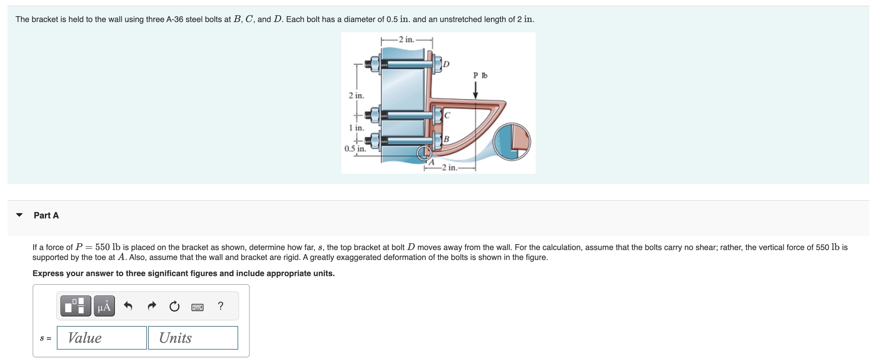 Solved The bracket is held to the wall using three A-36 | Chegg.com