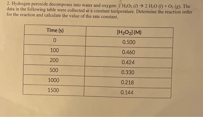 Solved 2. Hydrogen peroxide decomposes into water and | Chegg.com