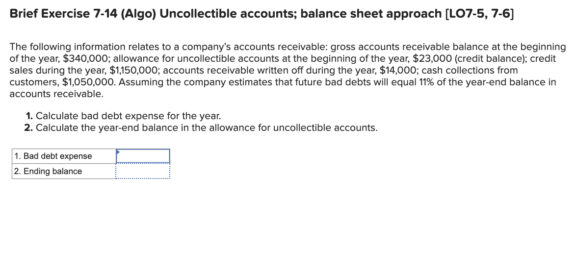 Solved Brief Exercise 7-14 (Algo) ﻿Uncollectible accounts; | Chegg.com