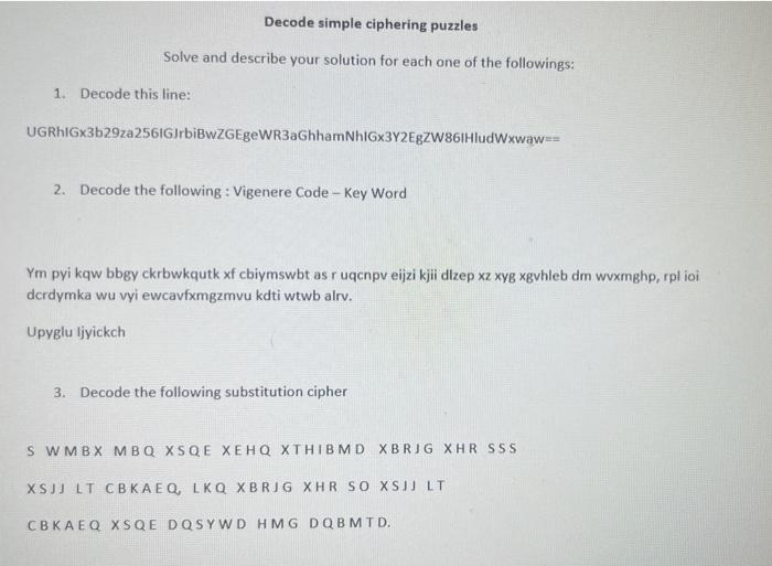 Decode simple ciphering puzzles Solve and describe | Chegg.com