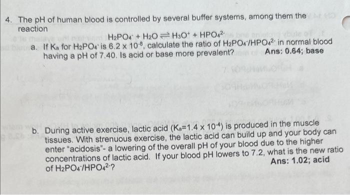 Solved The pH of human blood is controlled by several buffer | Chegg.com