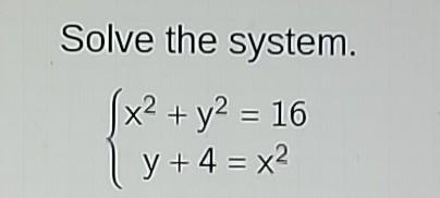 Solved Solve the system.x2+y2=16y+4=x2 | Chegg.com