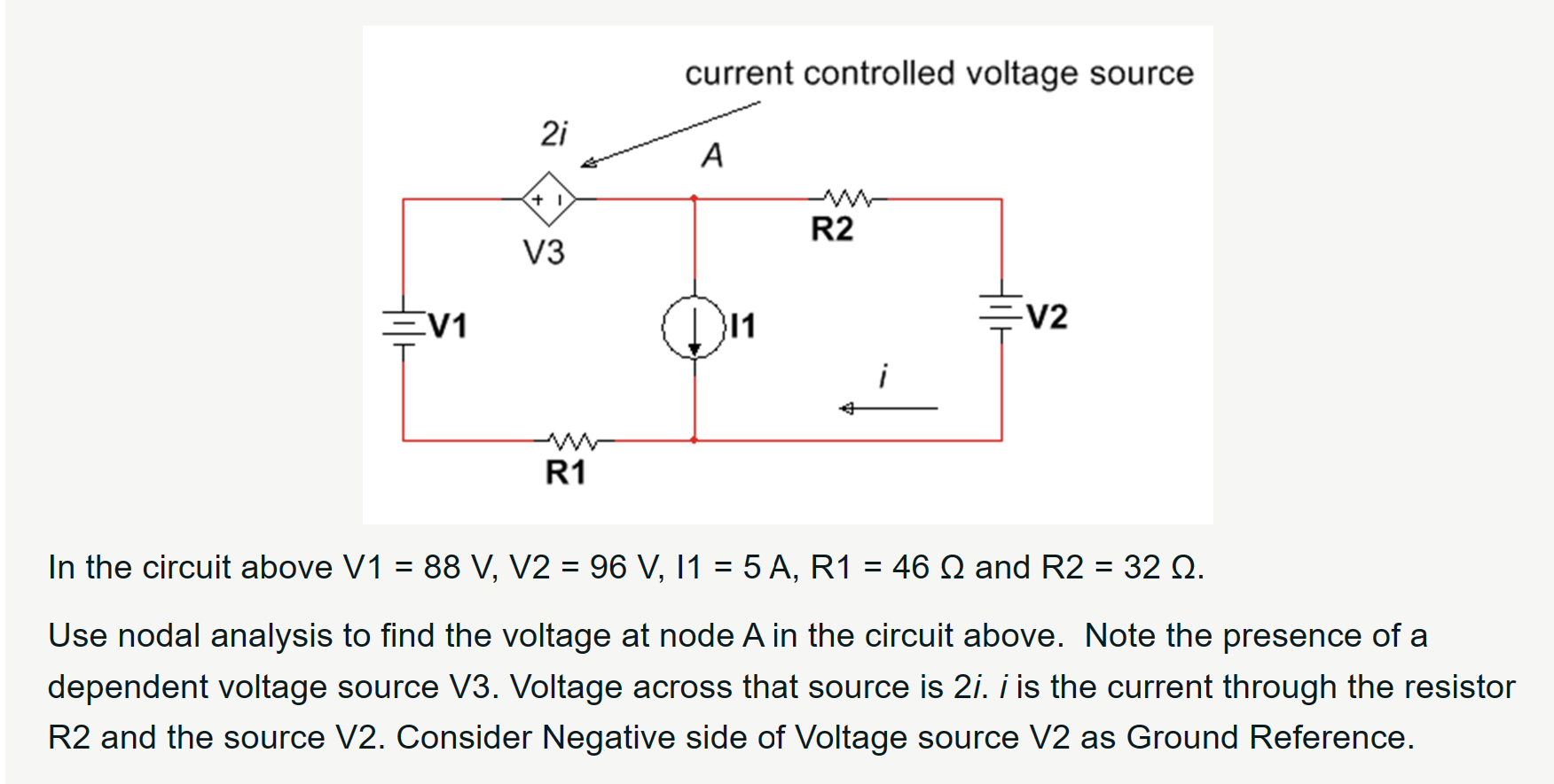 Solved In the circuit above V1=88V,V2=96V,I1=5A,R1=46Ω ﻿and | Chegg.com