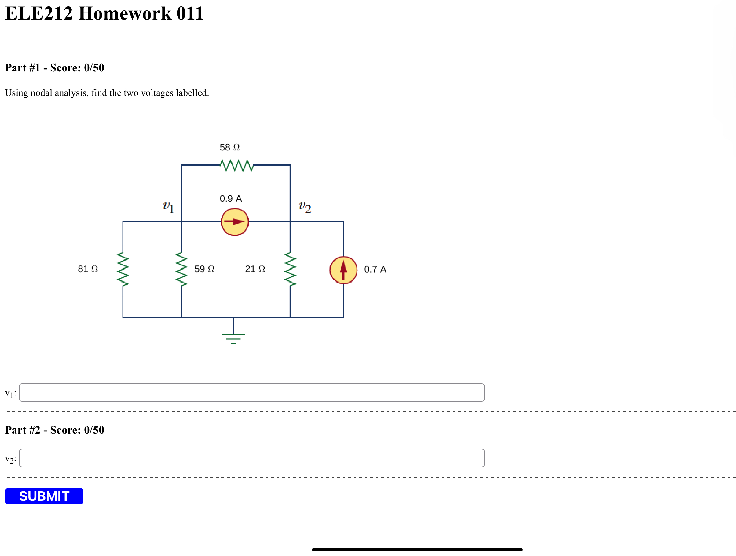 ELE212 ﻿Homework 011Part #1 - ﻿Score: 050Using nodal | Chegg.com