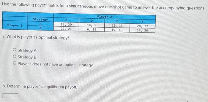 Solved Use the following payoff matrix for a | Chegg.com