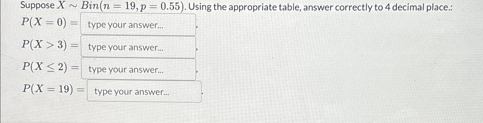 Solved Suppose )=19,p=(0.55. ﻿Using the appropriate table, | Chegg.com