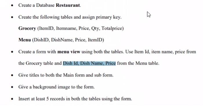 Create a Database Restaurant. • Create the | Chegg.com