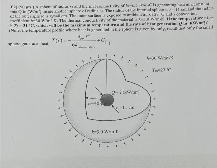 Solved P2) (50 pts.) A sphere of radius rl and thermal | Chegg.com