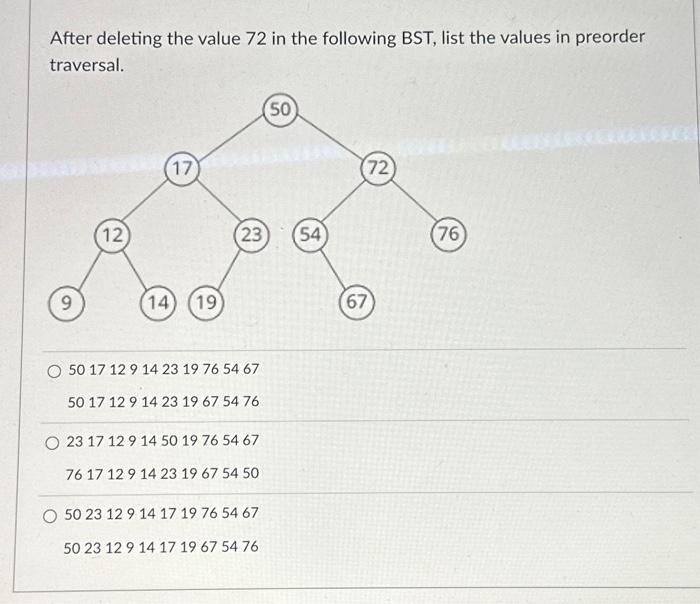 Solved After deleting the value 72 in the following BST, | Chegg.com