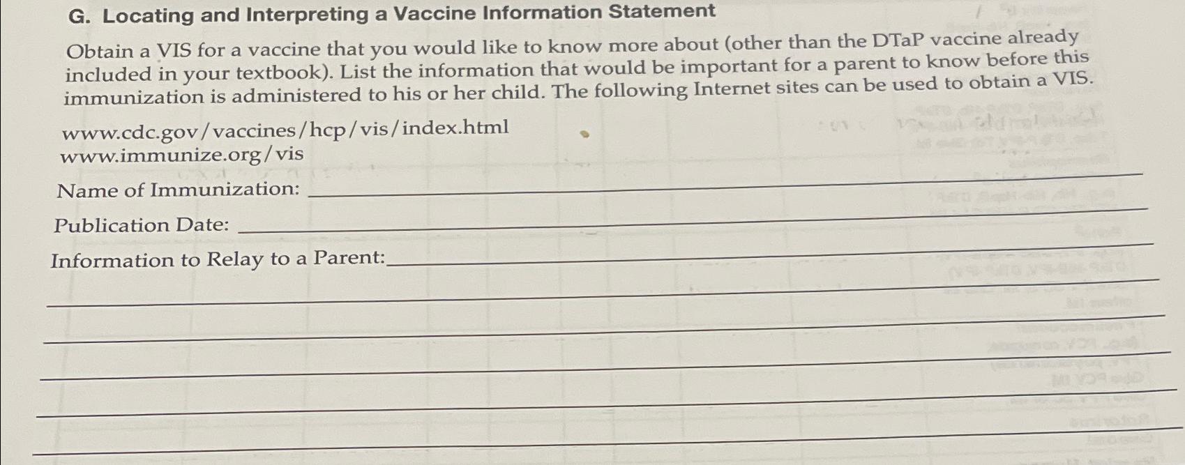 Solved G. ﻿Locating and Interpreting a Vaccine Information | Chegg.com
