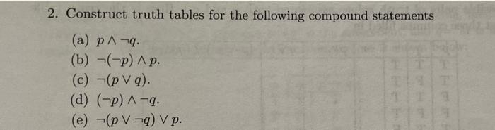 Solved 2. Construct truth tables for the following compound | Chegg.com
