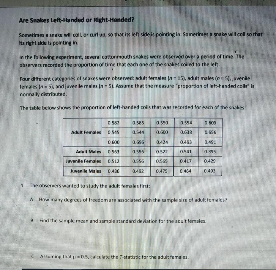 Solved Are Snakes Left-Handed or Right-Handed? Sometimes a | Chegg.com