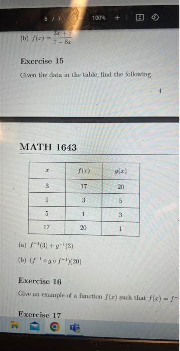 Solved (b) f(x)=7−8x3x+5 Exercise 15 Given the data in the | Chegg.com