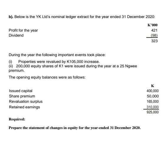 Solved b). Below is the YK Ltd's nominal ledger extract for | Chegg.com