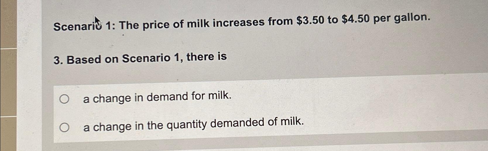 Solved Scenarit 1: The price of milk increases from $3.50 | Chegg.com