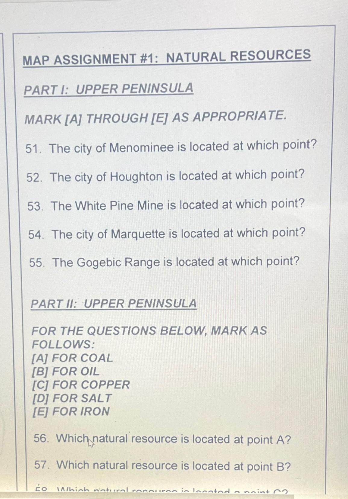 Solved MAP ASSIGNMENT #1: NATURAL RESOURCESPART I: UPPER | Chegg.com