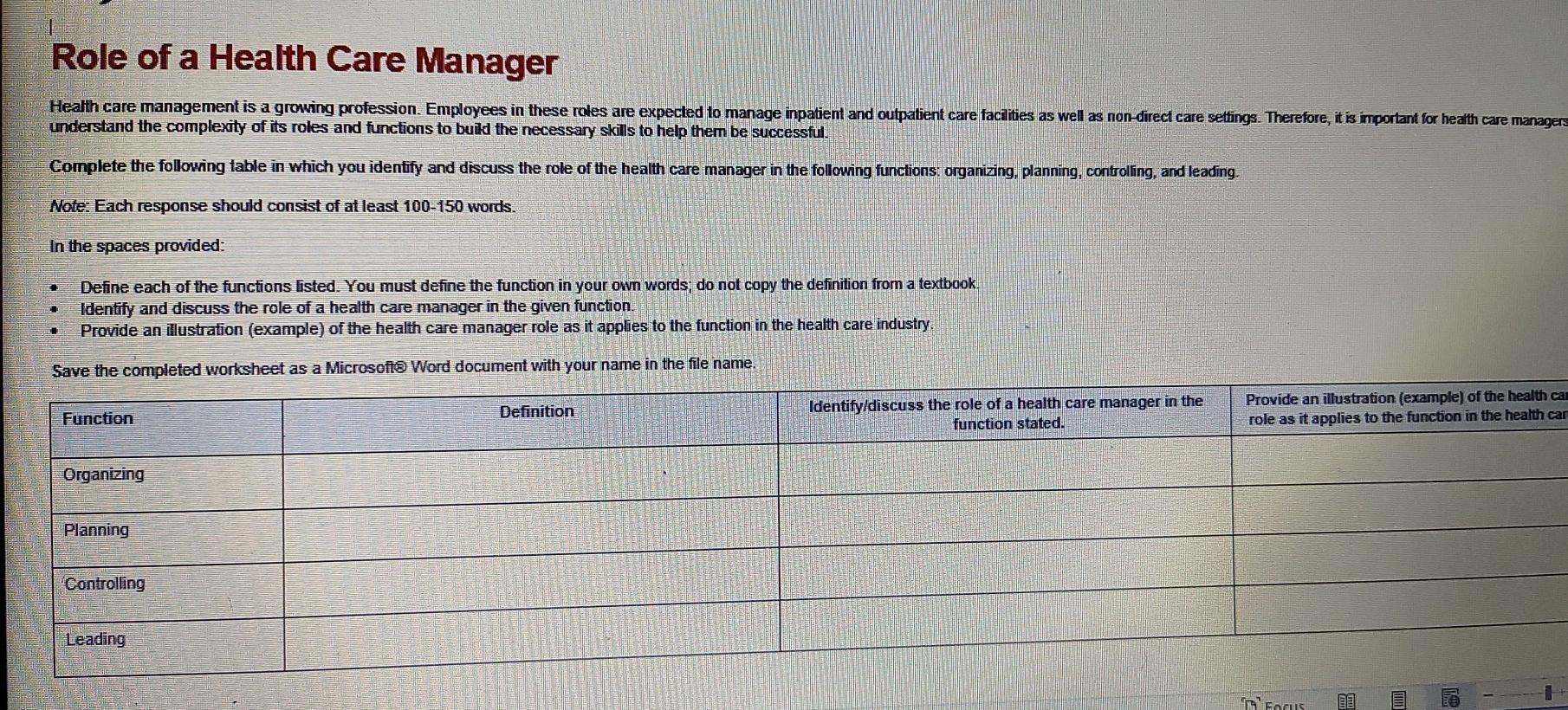 Solved Role of a Health Care Manager Health care management | Chegg.com