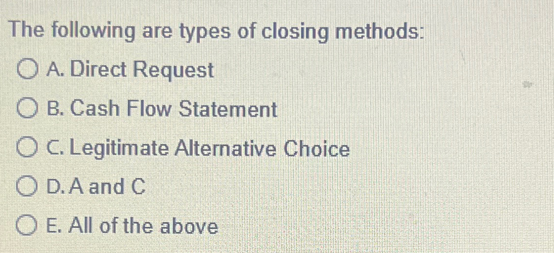 Solved The following are types of closing methods:A. ﻿Direct | Chegg.com