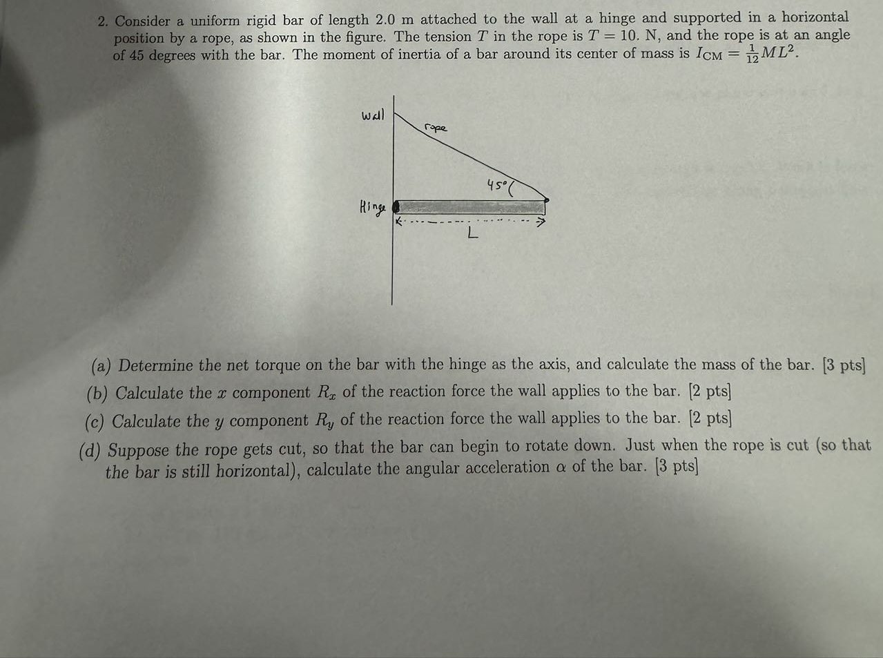 Solved Consider a uniform rigid bar of length 2.0m ﻿attached | Chegg.com