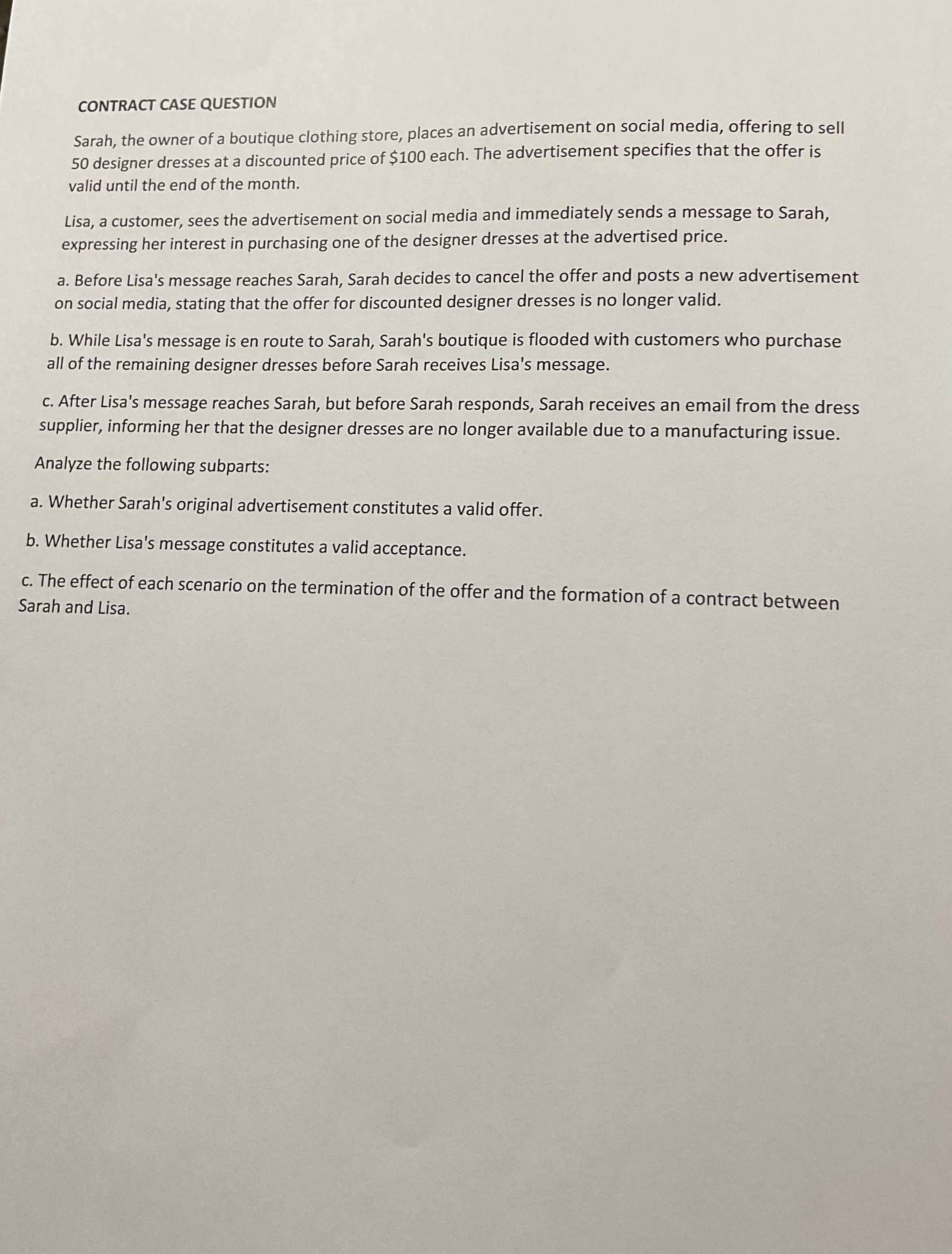 Solved CONTRACT CASE QUESTIONSarah, the owner of a boutique | Chegg.com