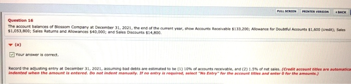 Solved FULL SCREEN PRINTER VERSION #BACK Question 16 The | Chegg.com